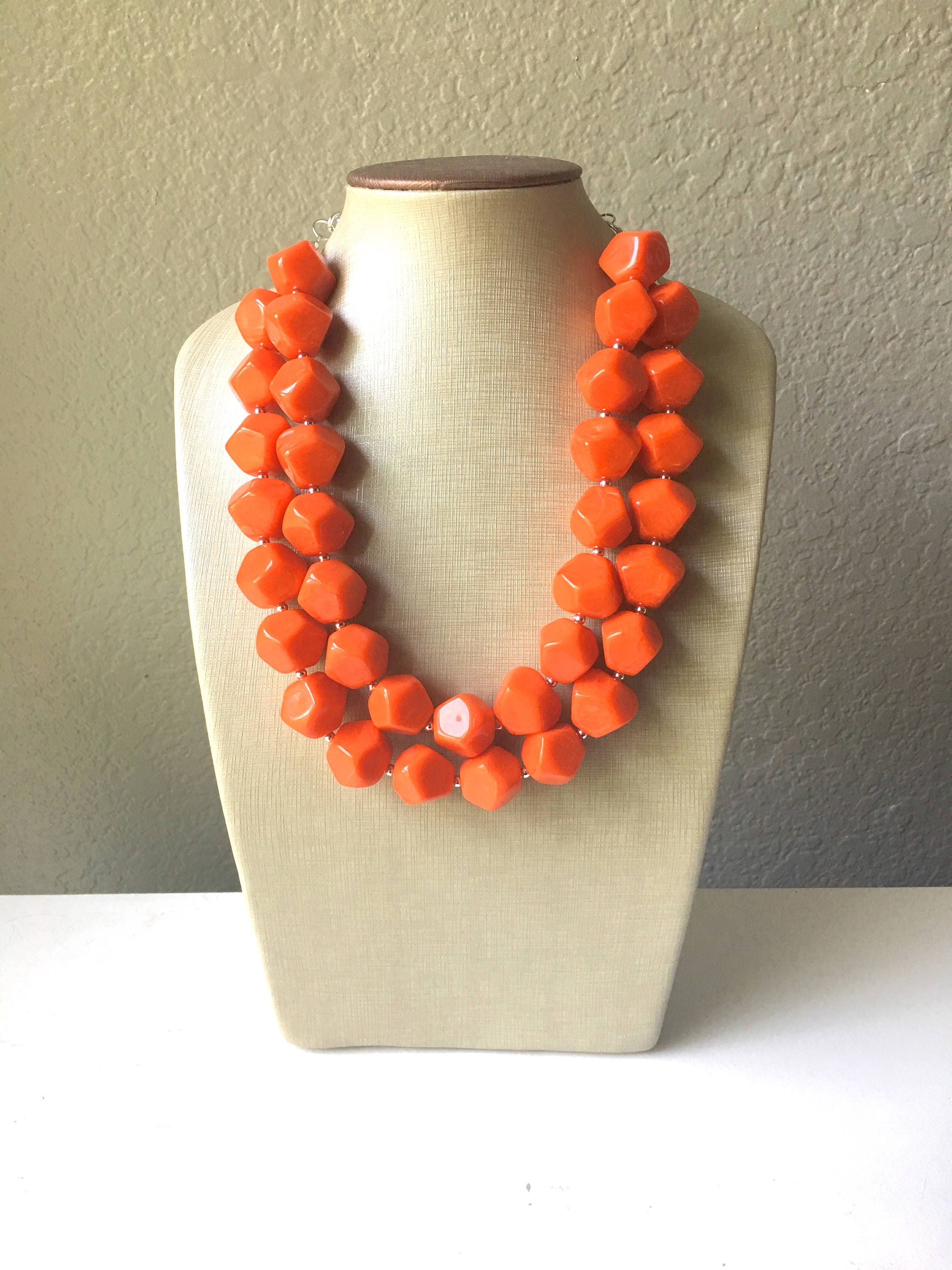 Bright Orange Chunky Statement Necklace, Big Beaded Jewelry, Double ...