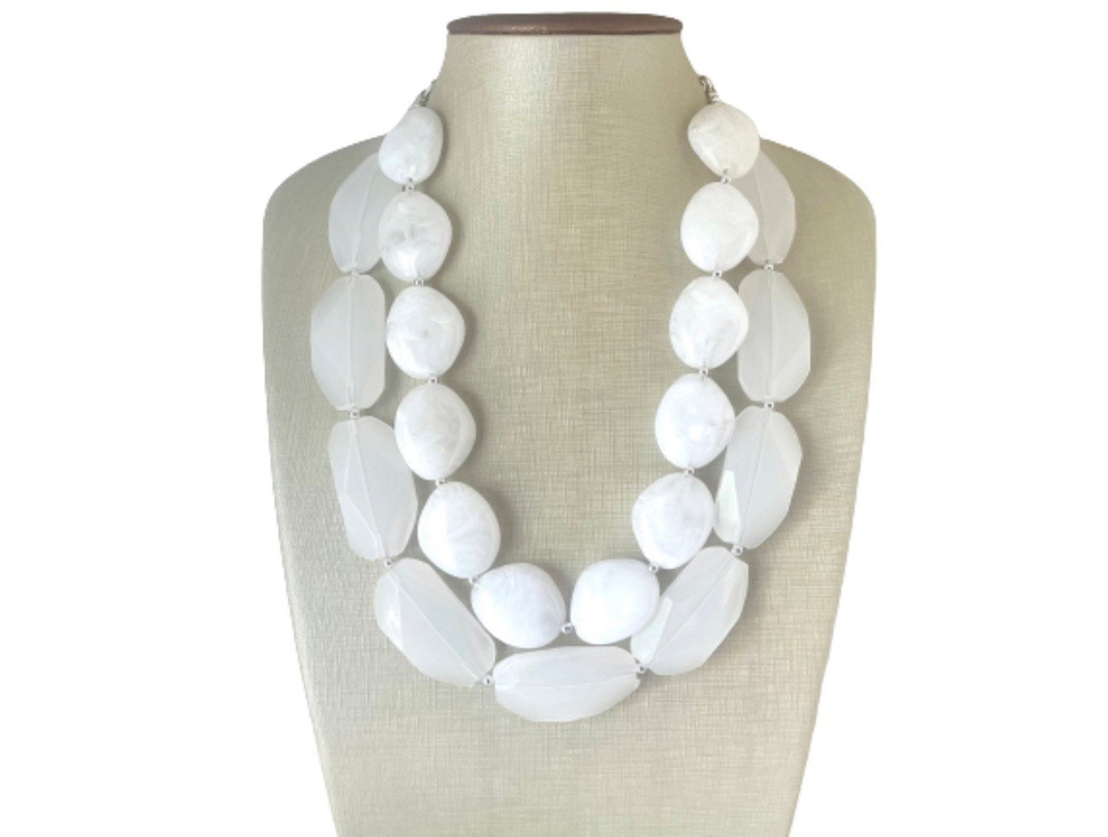 White Necklace, Multi Strand Jewelry, Big Beaded Chunky Statement ...
