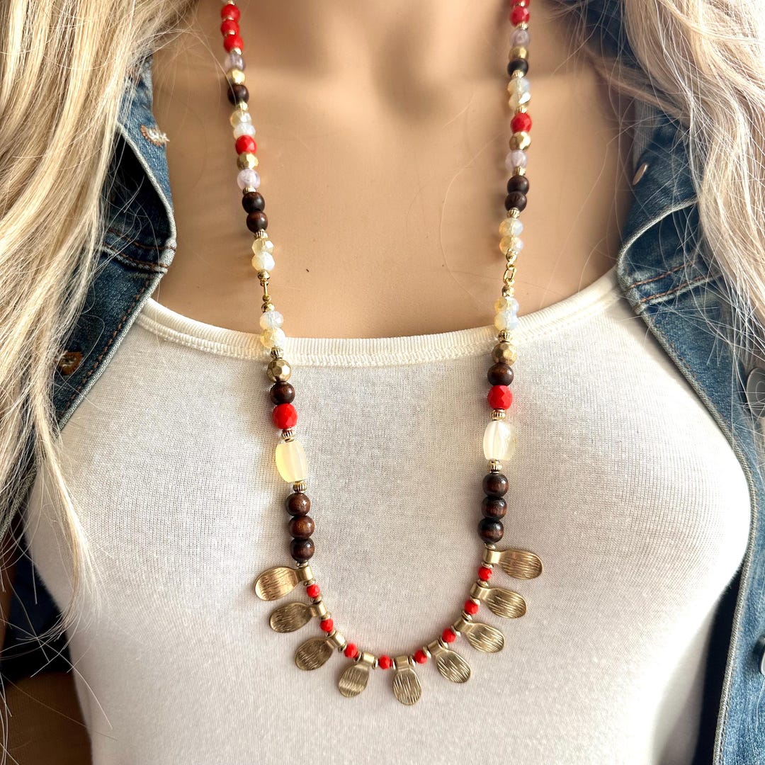 Metallic Southwest Long Single Strand Necklace, Chunky Beaded Jewelry ...