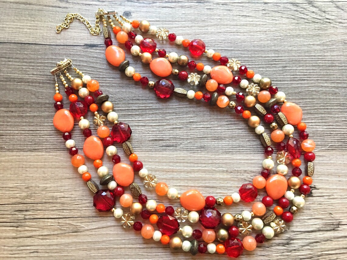 Fall Statement Necklace Extra Long Maroon Orange Cream Gold - Etsy