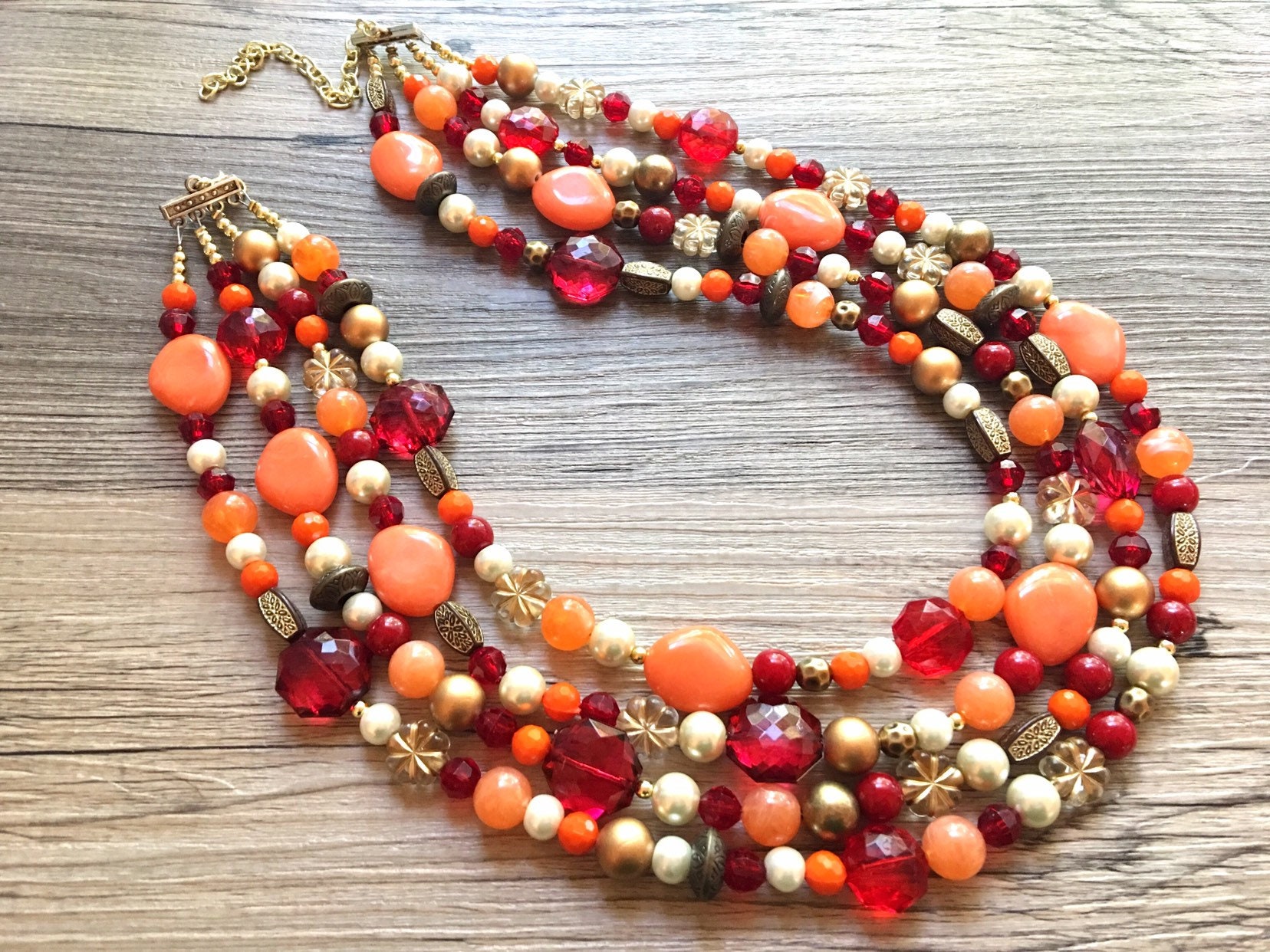 Fall Statement Necklace Extra Long Maroon Orange Cream Gold | Etsy