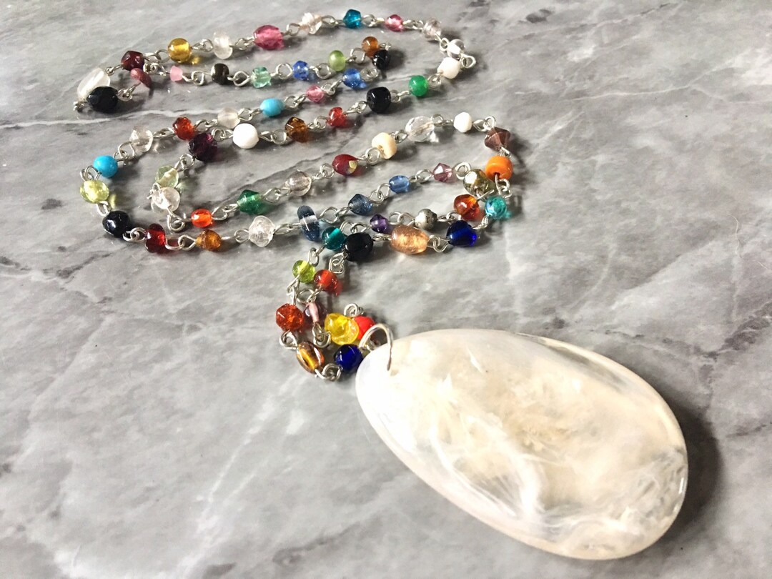 Cream Pendant Necklace in Rainbow Glass Beaded Chain, Long Acrylic ...