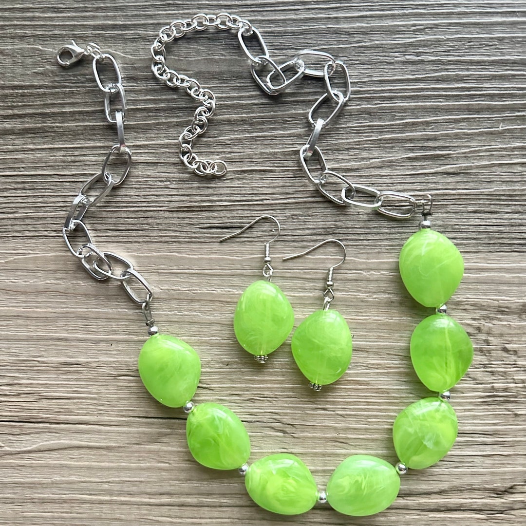 Lime Green Statement Necklace & Earrings, Lime Green Jewelry, Your ...