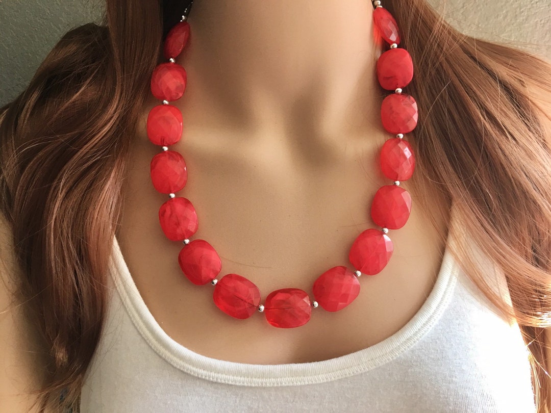 Cherry Red Necklace, Single Strand Jewelry, Big Beaded Chunky Statement ...