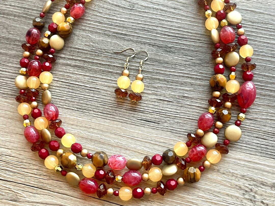 Fall Statement Necklace, Cherry Mustard Gold Necklace, Triple Strand ...