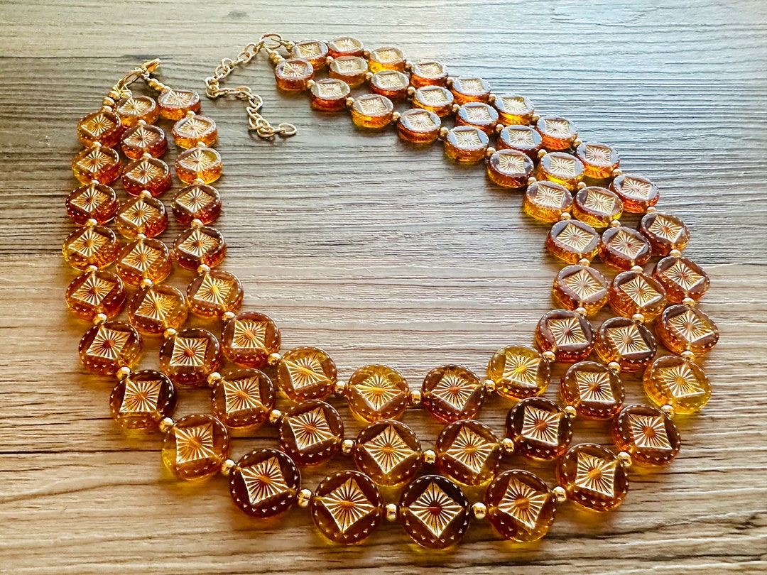 Tortoise Shell Sunburst Necklace, Brown Resin Acetate Necklace, Gold 3 ...