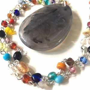 Gray Pendant Necklace in Rainbow Glass Beaded Chain Long - Etsy