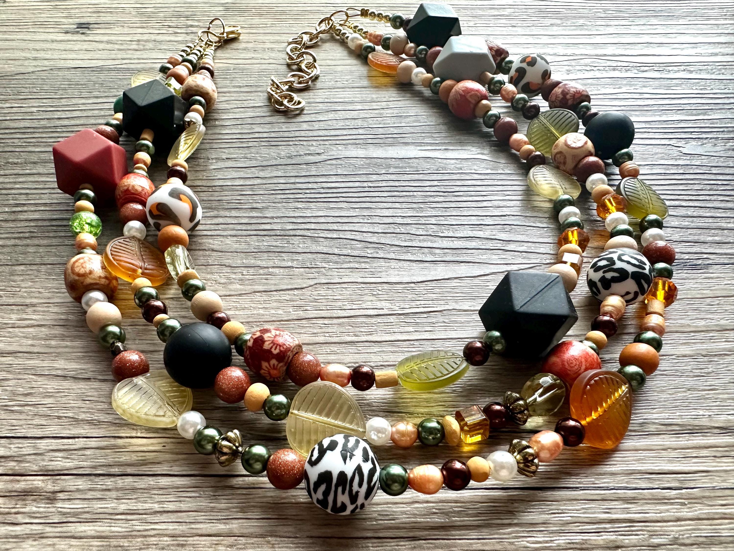 Vintage Jungle Jam Animal Print Chunky Statement Necklace, Brown Beaded ...