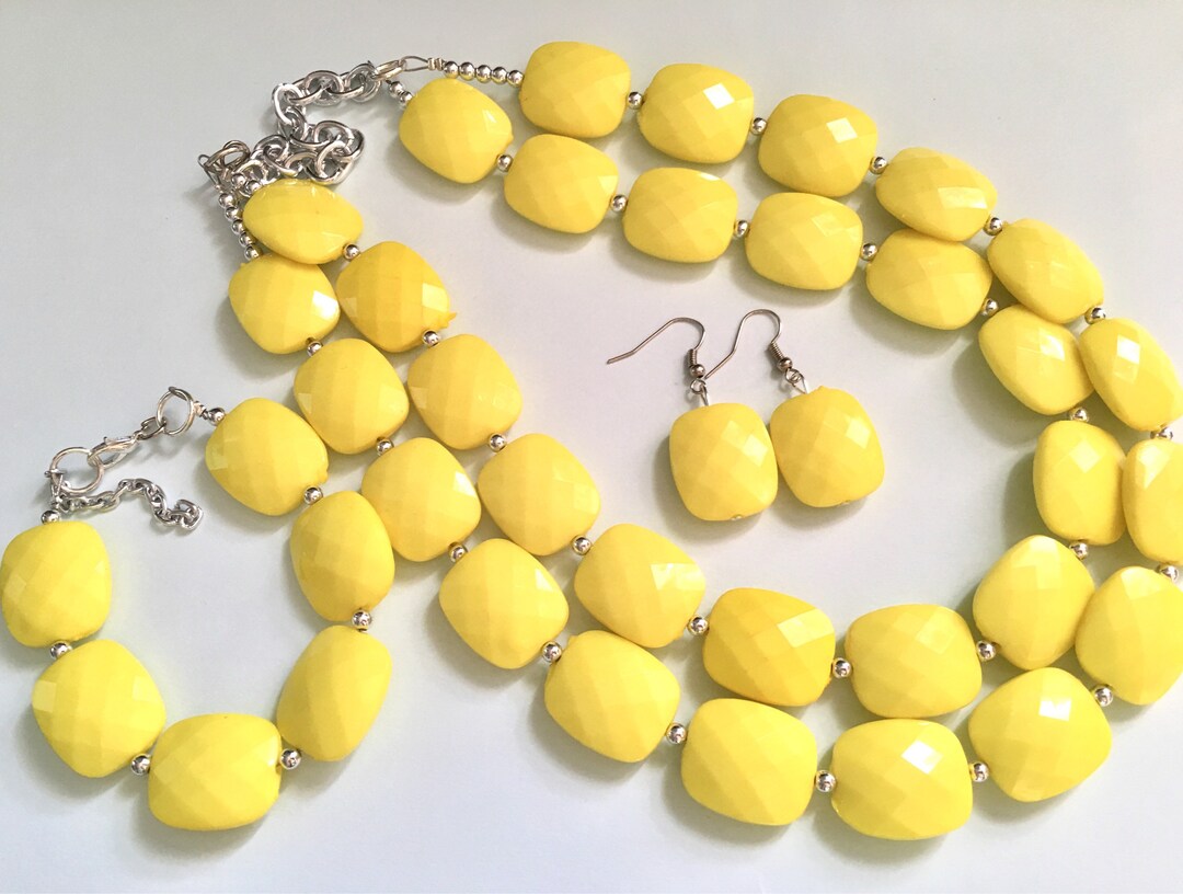 Sunny Yellow Statement Jewelry Set, Chunky Beaded Necklace, Yellow ...