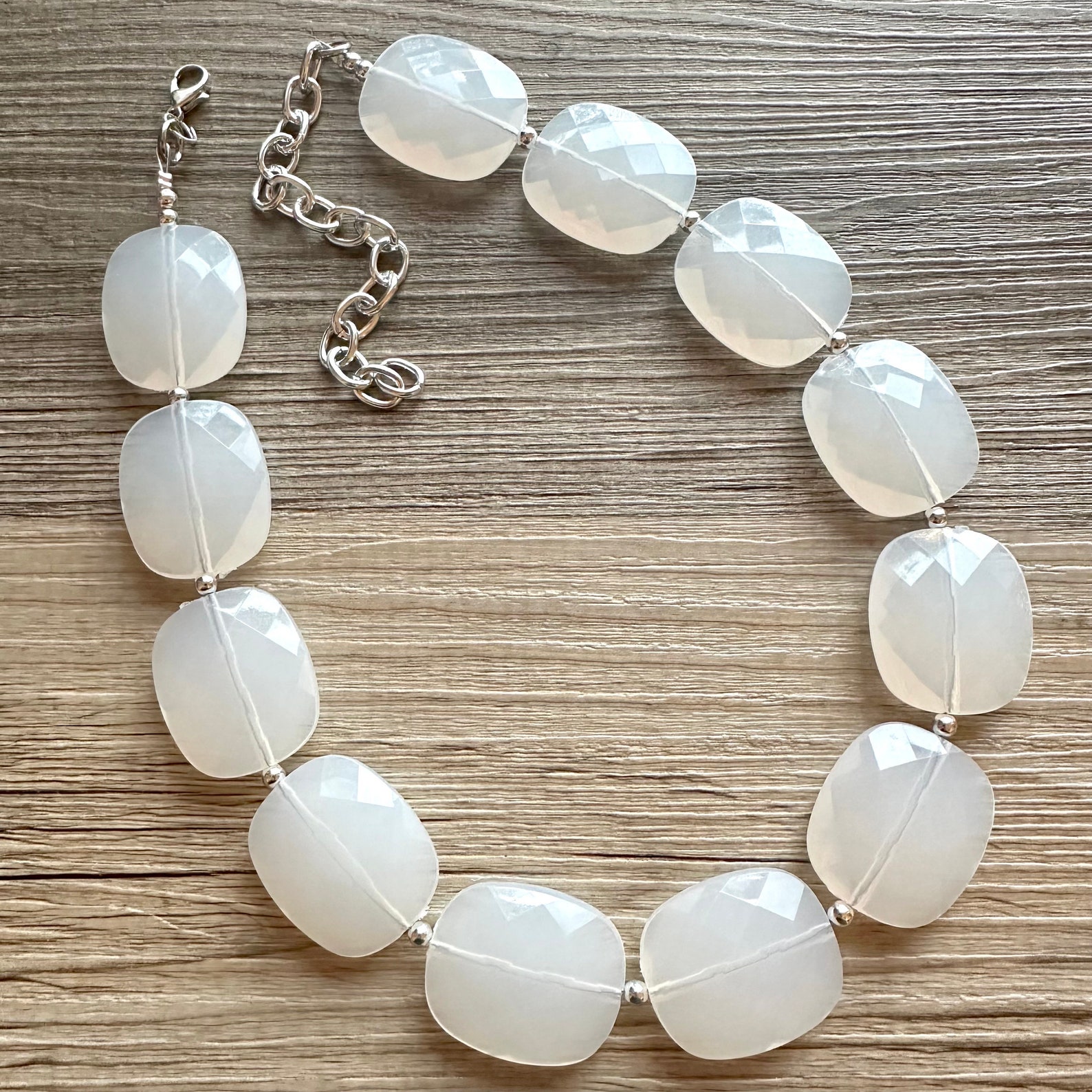 White Statement Necklace Jewelry Set, Chunky Jewelry Big Beaded Single ...