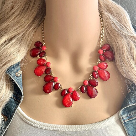 Vintage Cherry Red Chunky Statement Necklace Beaded J… - Gem