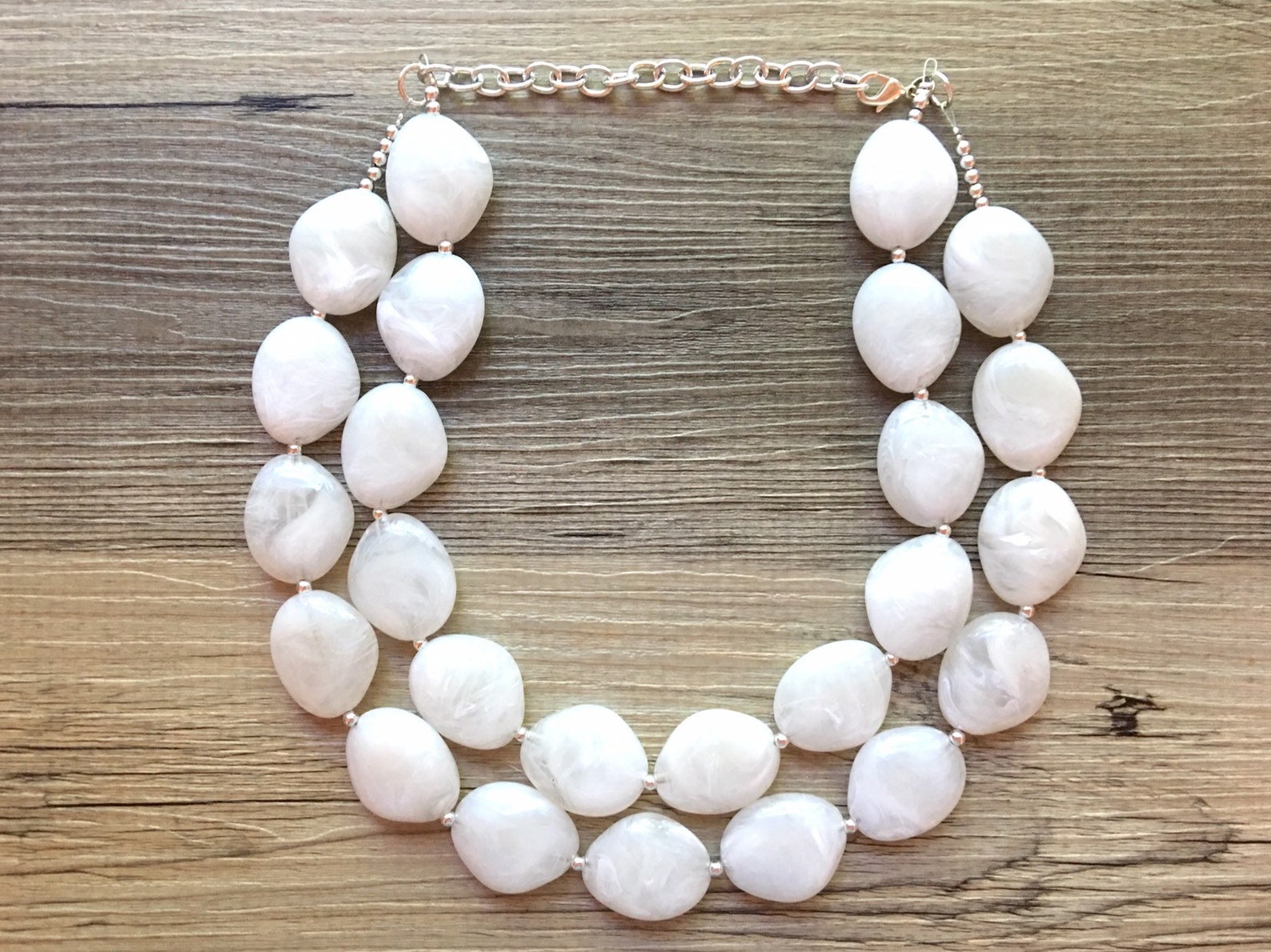 White Chunky Statement Necklace, Big Beaded Jewelry, Double Strand ...