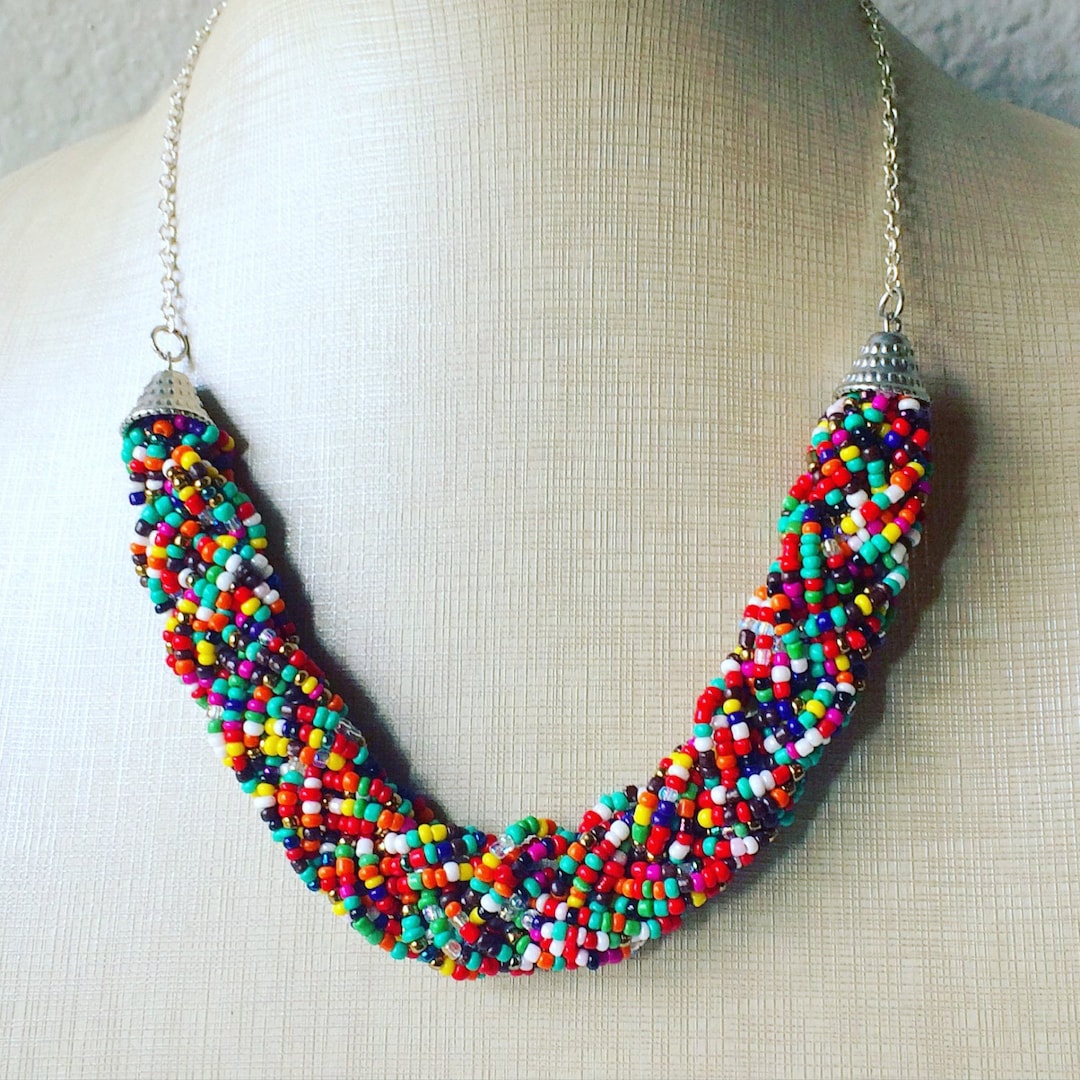 Beaded Rainbow Statement Necklace - Everyday Bib Colorful Seed Bead ...