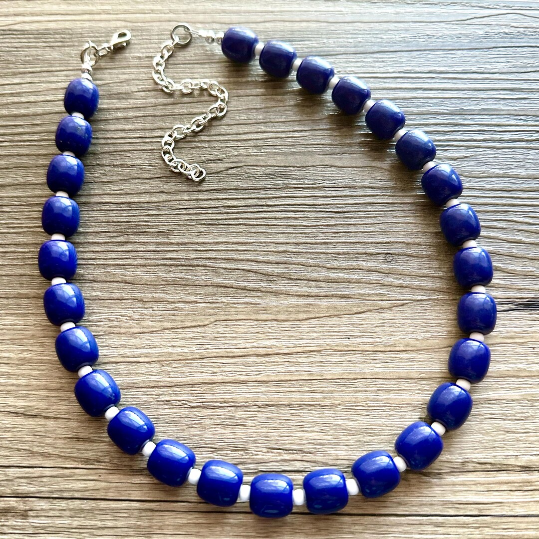Single Strand Royal Blue & White Big Beaded Statement Necklace, Blue ...