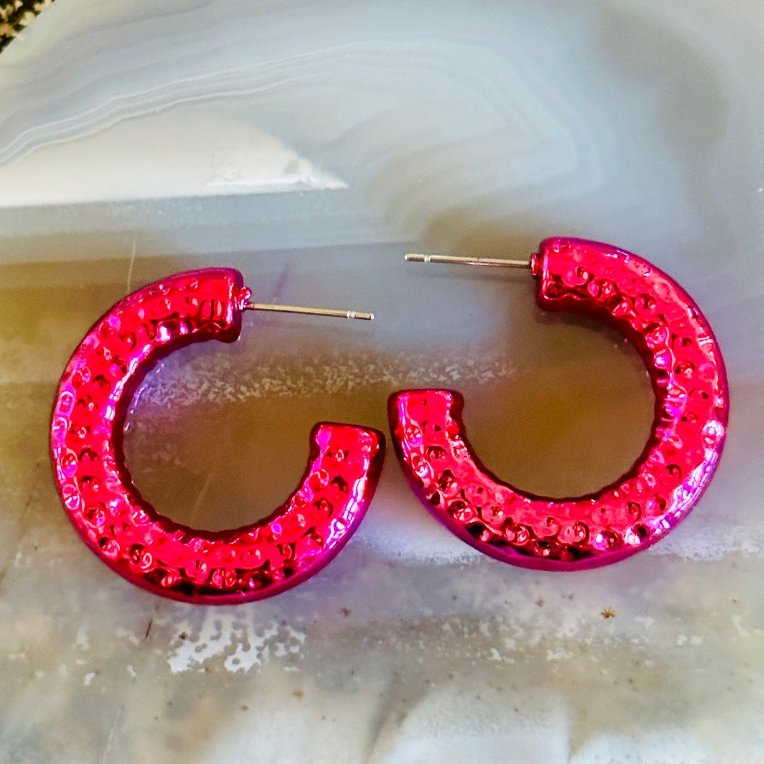Hot Pink Rainbow Geometric Drop Hoop Earrings Set, Metallic Pink ...