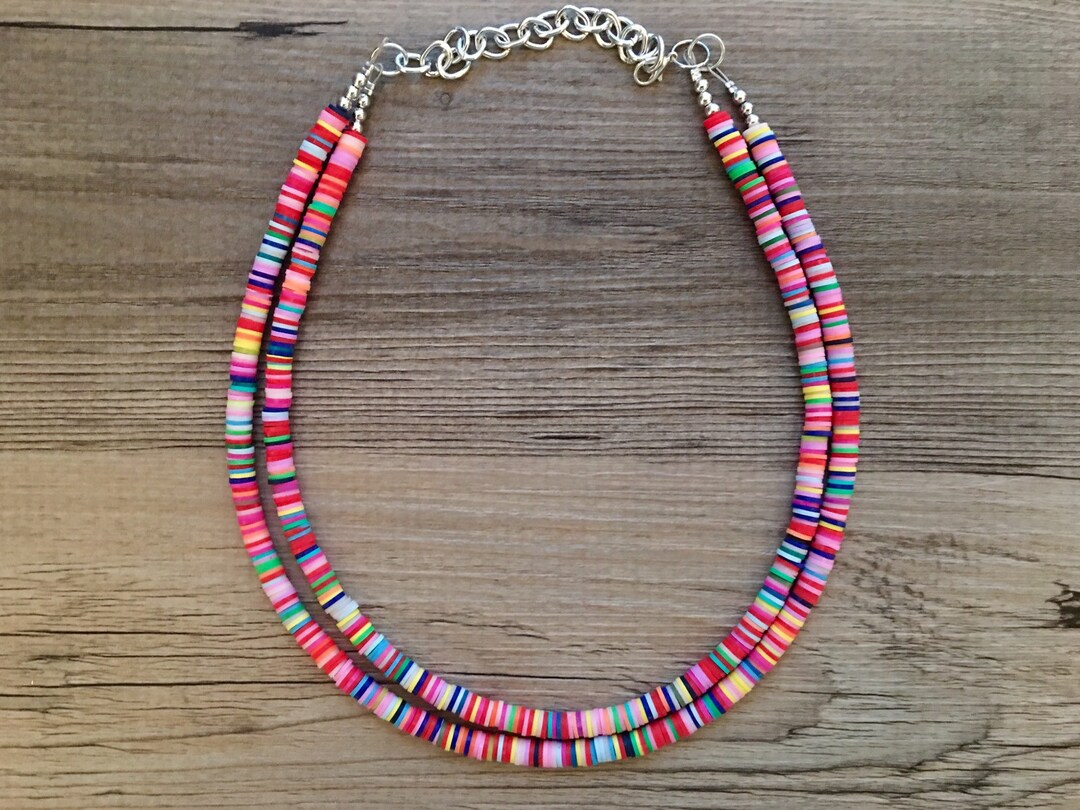 Rainbow Beaded Necklace, Double Colorful Jewelry, Chunky Statement ...