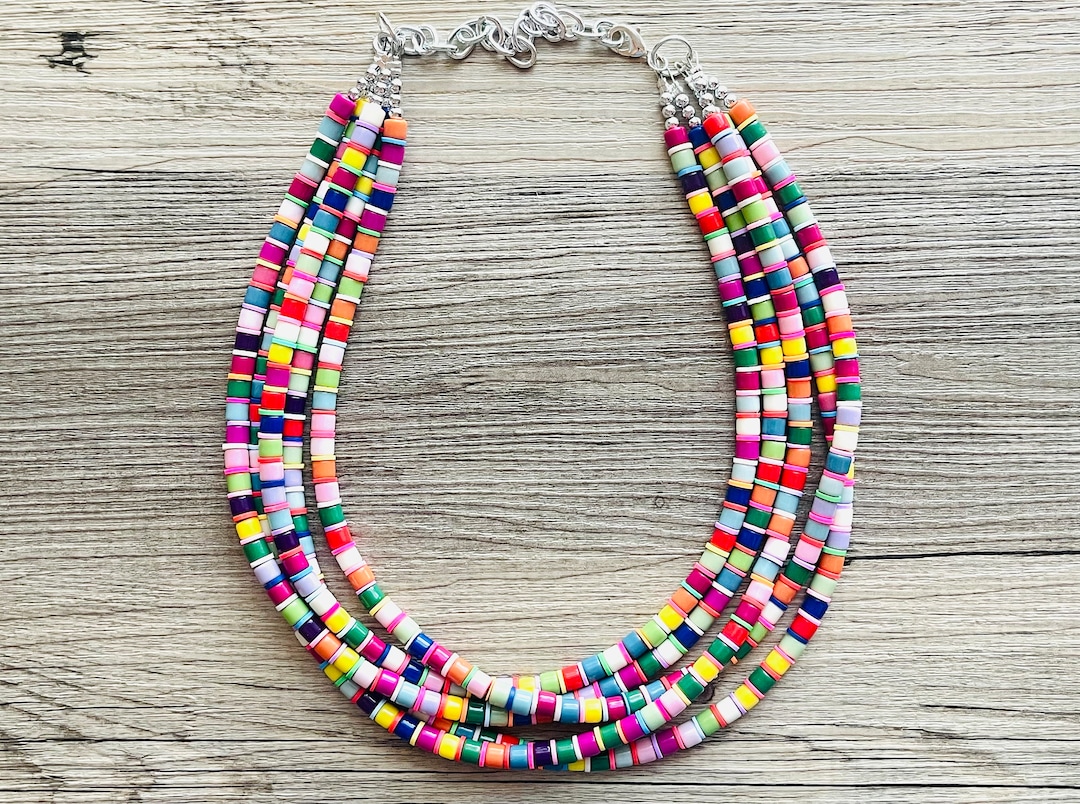 Ultimate Rainbow Statement Necklace, Colorful Beaded Necklace, Chunky ...