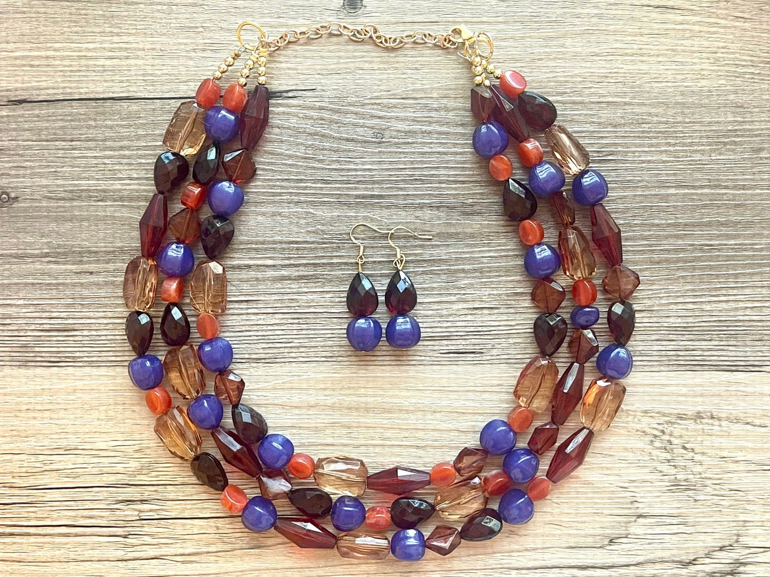 Hay Ride in Fall Necklace, Triple Strand Eggplant Purple Cranberry ...