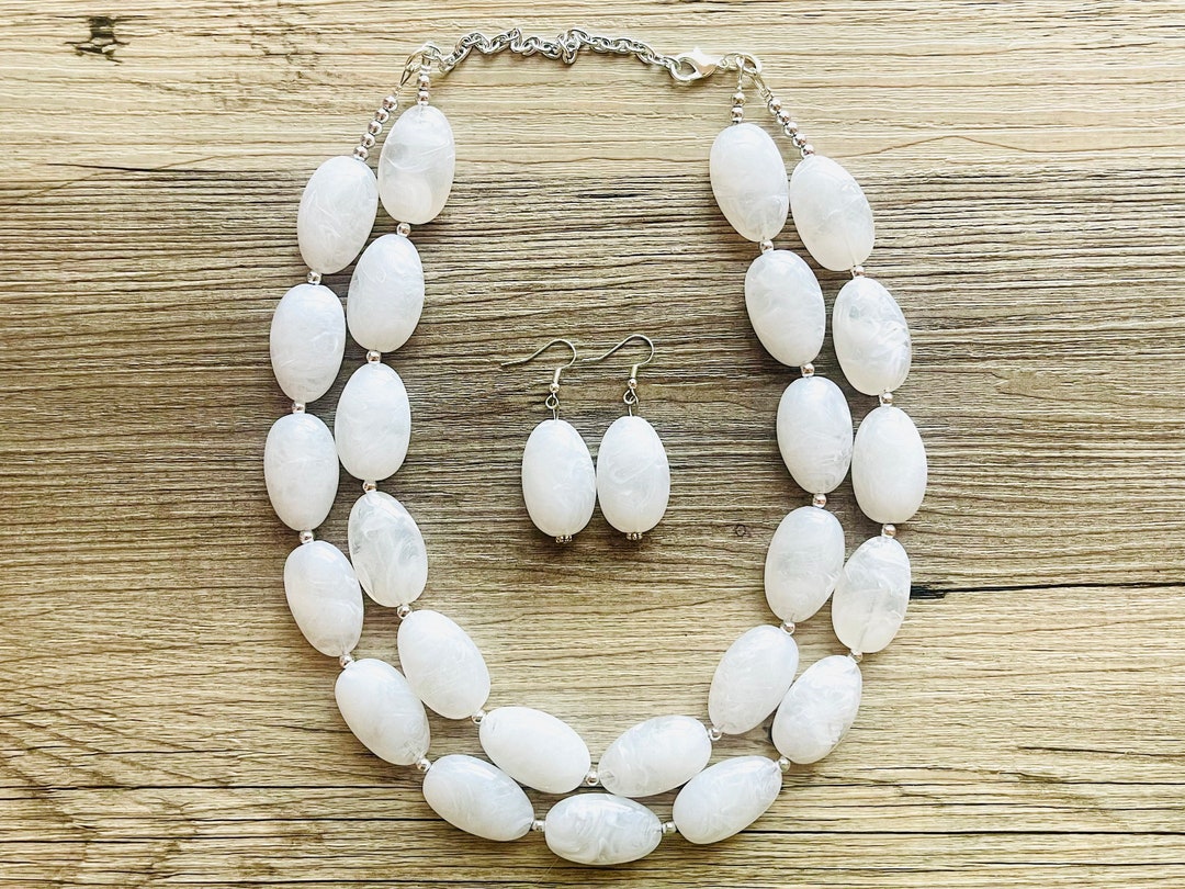 White Statement Jewelry Set, Chunky Beaded Necklace, Neutral Jewelry ...
