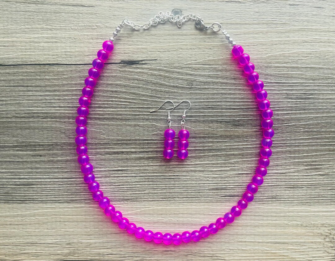 Neon Pink Day Glow Single Strand Big Beaded Statement Necklace, Pink ...