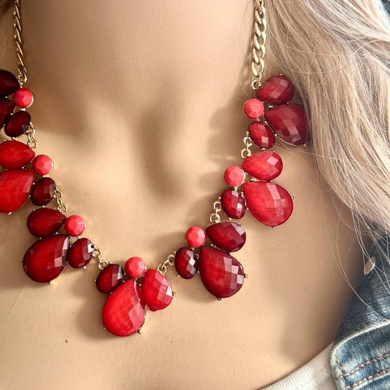 Vintage Cherry Red Chunky Statement Necklace Beaded J… - Gem