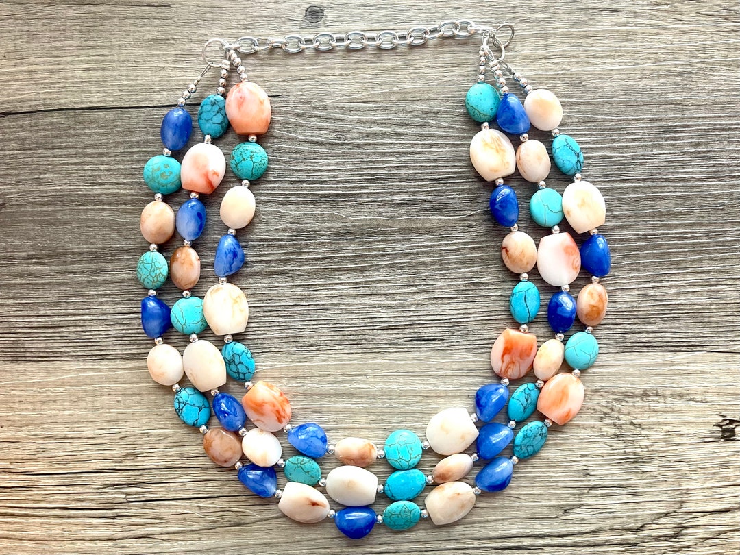 Beachfront Necklace, Triple Strand Bright Jewelry, Big Beaded Chunky ...