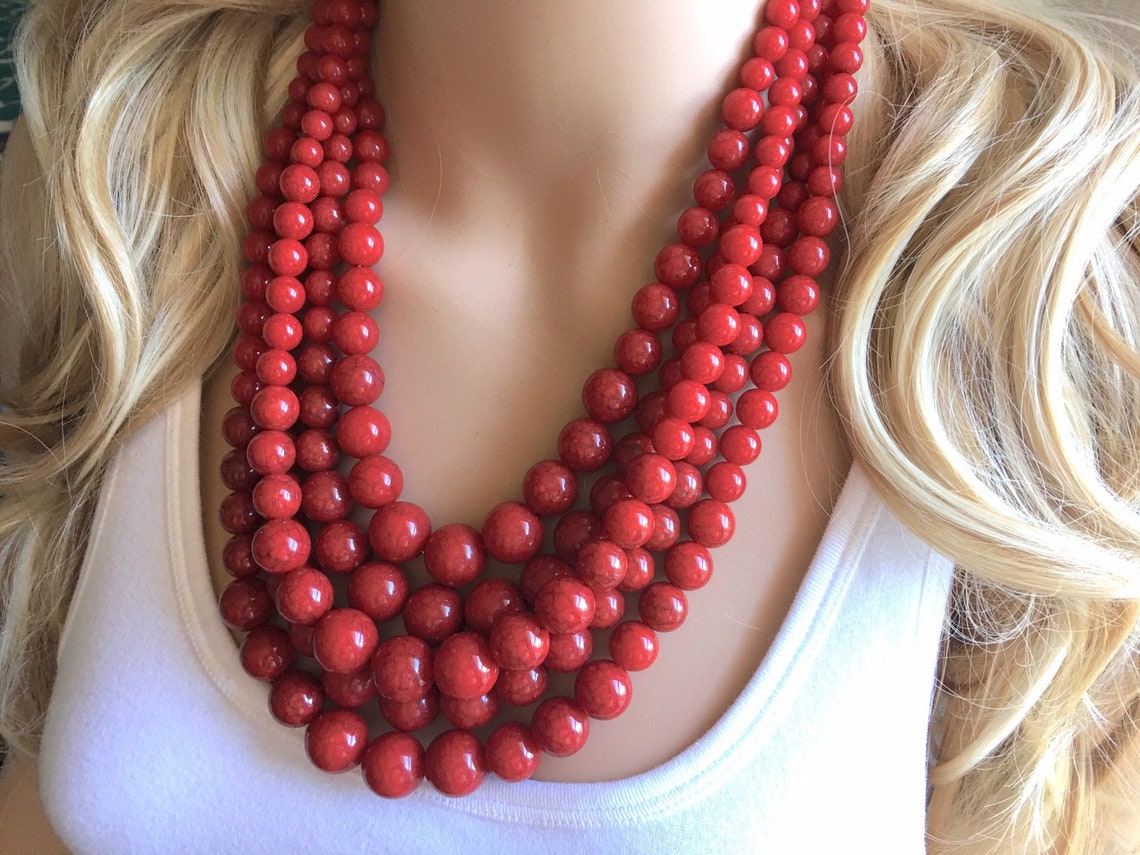 Red Beaded Statement Necklace, Extra Chunky Graduated Bead Red Jewelry ...