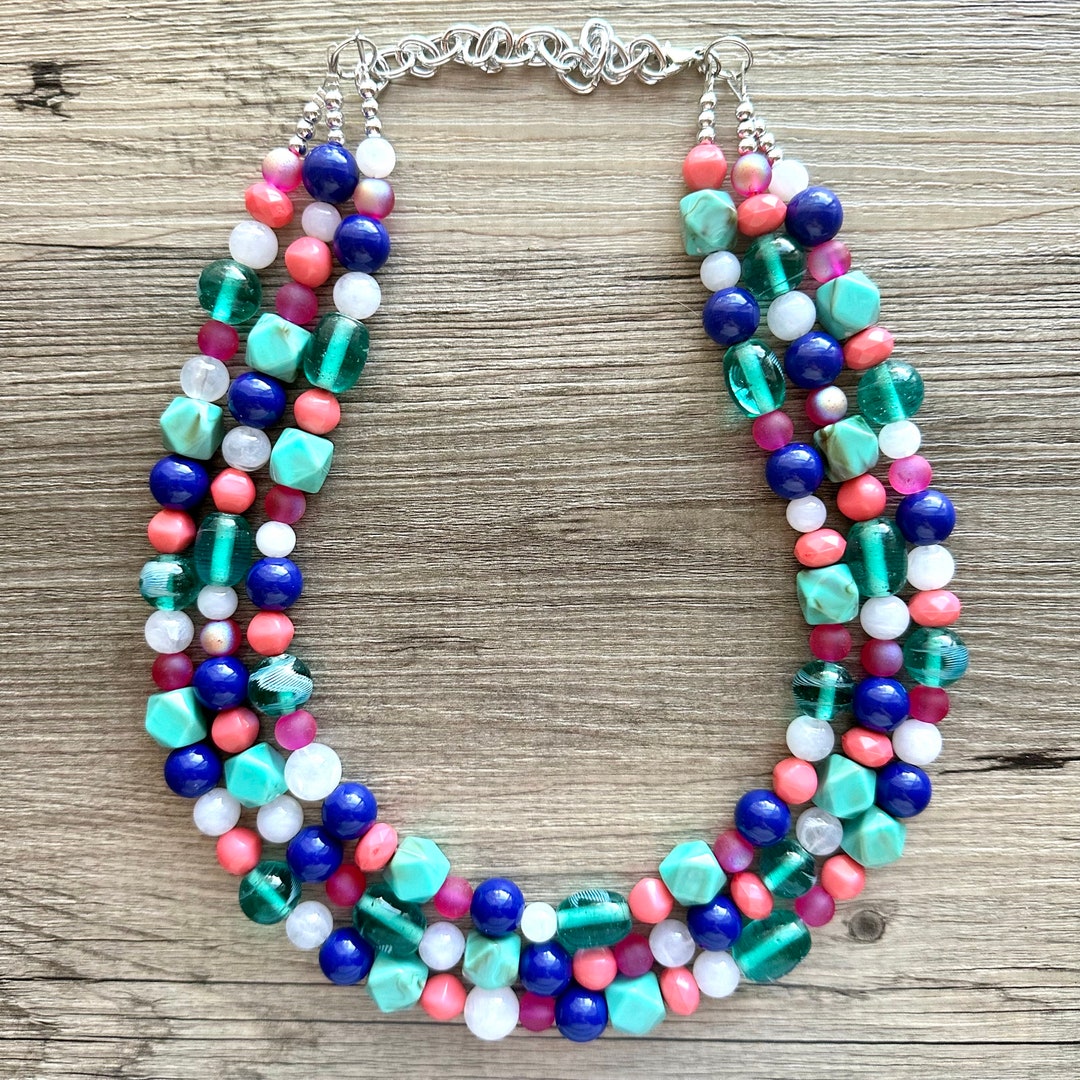 Salsa Siesta 3 Strand OOAK Statement Necklace, Green Navy Blue Beaded ...