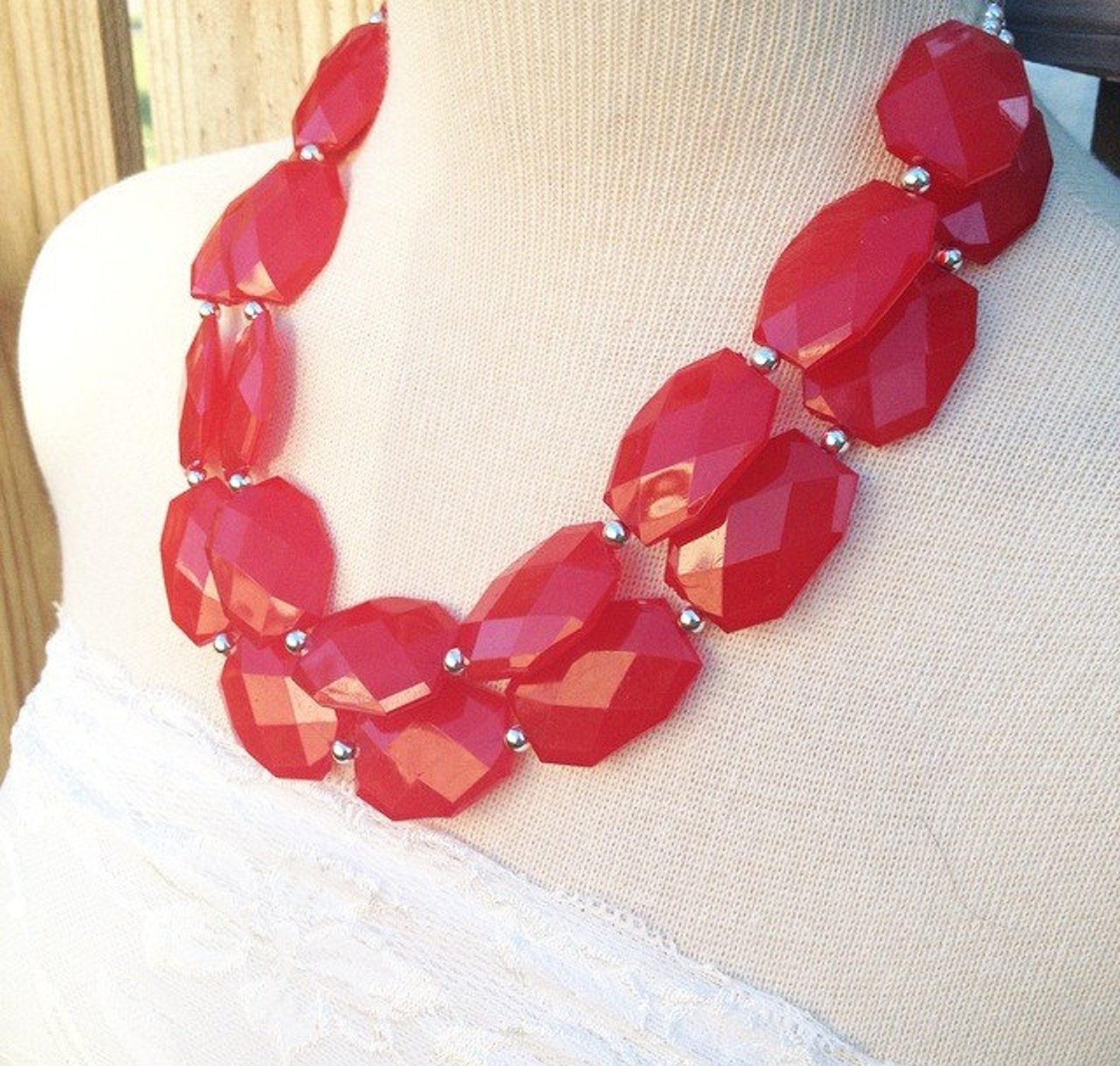 Cherry Red Chunky Necklace, Bright Red Jewelry Set, Big Beaded Chunky ...