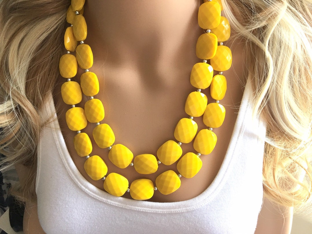 Bright Yellow Statement Jewelry Set, Chunky Beaded Necklace, Yellow ...