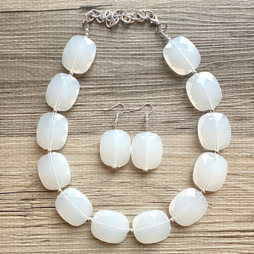 White Statement Necklace Jewelry Set, Chunky Jewelry Big Beaded Single ...