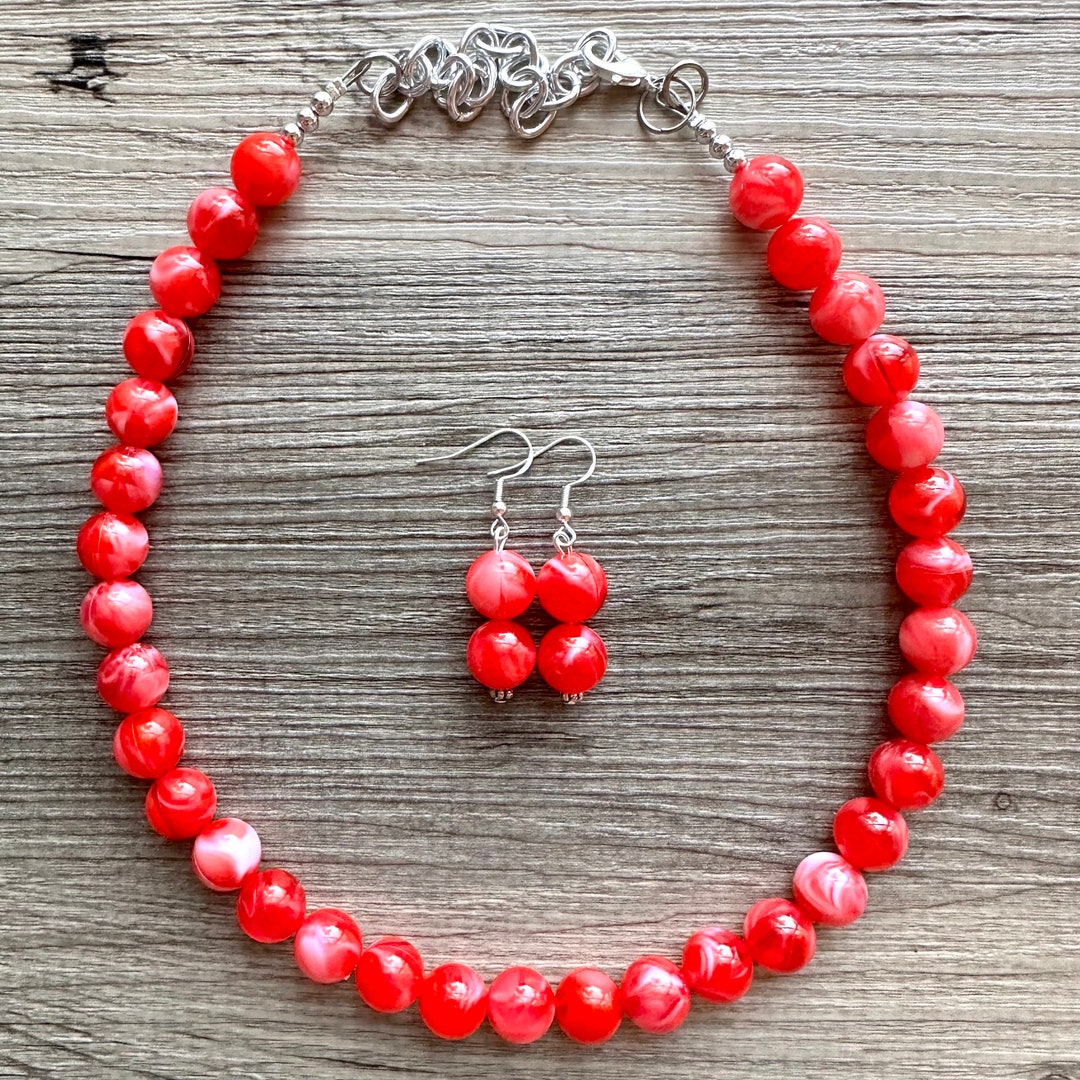 Bright Red Single Strand Big Beaded Statement Necklace, Red Beaded ...
