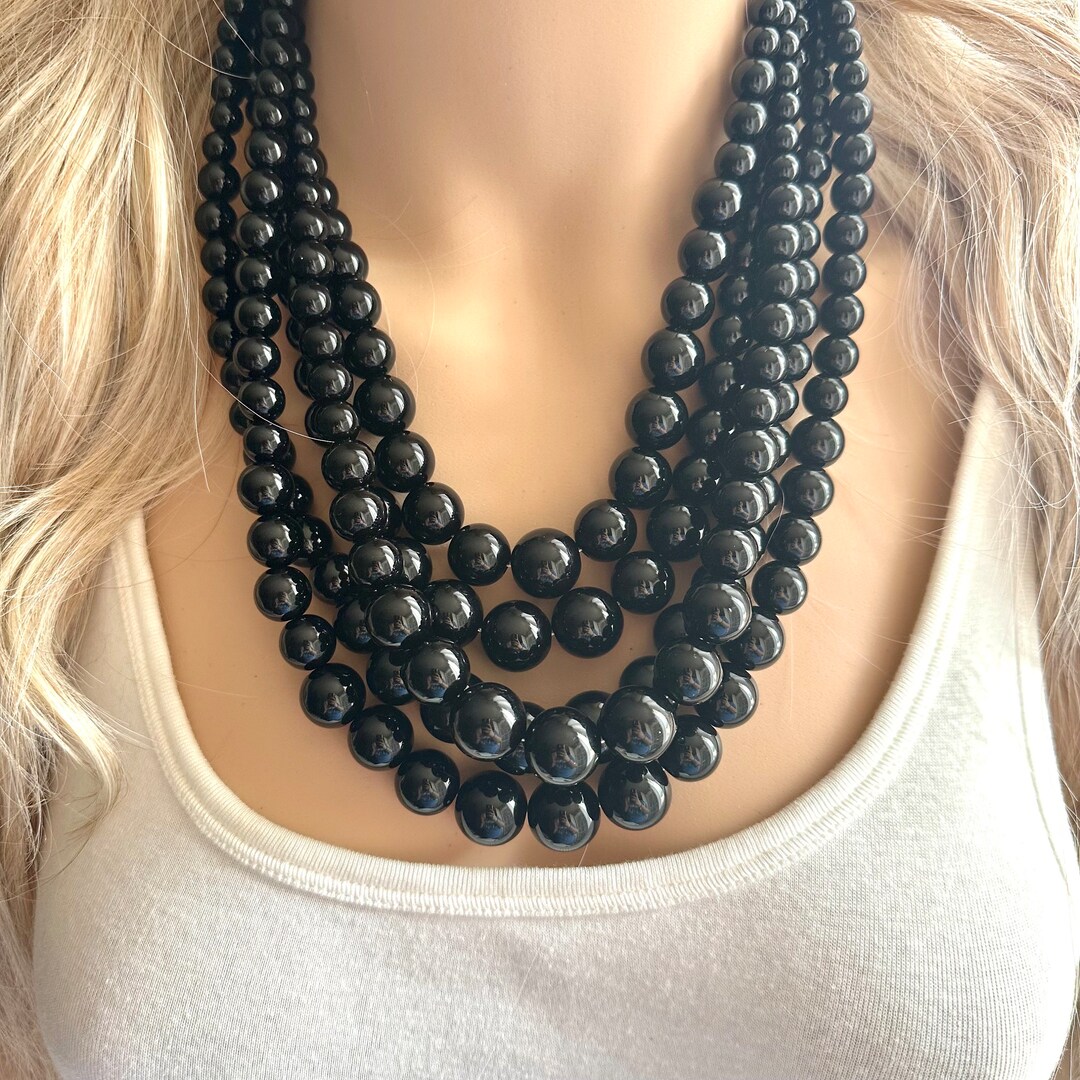 Black Graduated Necklace, 5 Strand Jewelry, Round Beaded Chunky ...