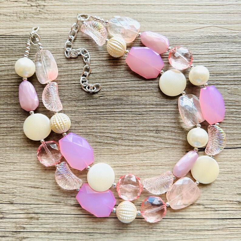 Pinky Cream Rosie Chunky Statement Necklace, Big Beaded Jewelry, Double ...