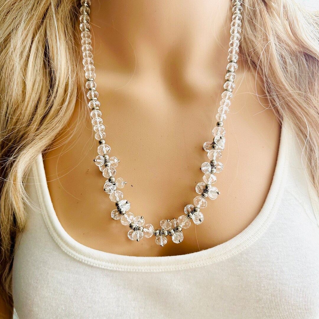 Clear Cluster Jewel Statement Necklace, Chunky 1 Strand Jewelry, Silver ...