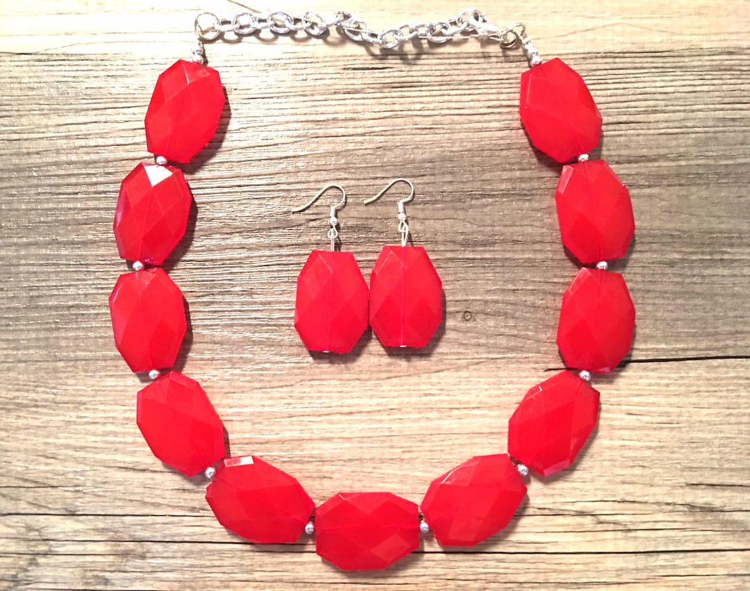Red Single Strand Big Beaded Statement Necklace, Red Jewelry, Red ...
