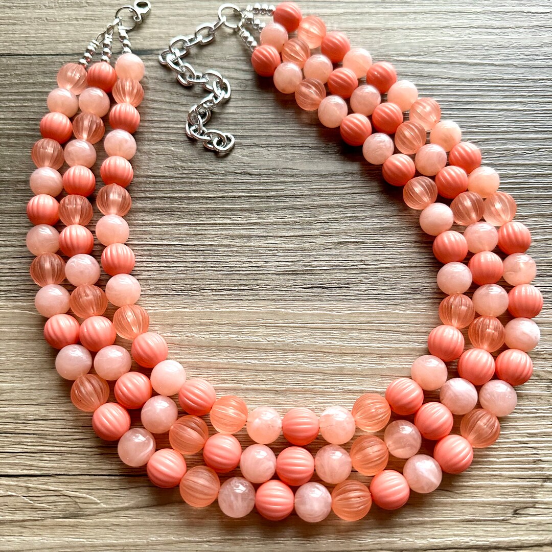 Coral Peach Glimmer Triple Strand Statement Necklace, Peach Beaded ...