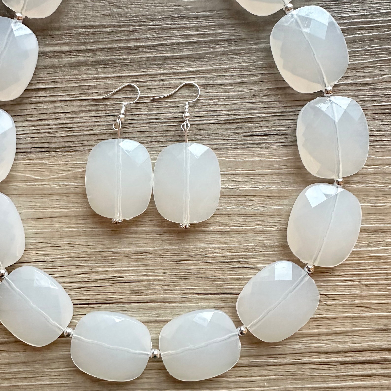 White Statement Necklace Jewelry Set, Chunky Jewelry Big Beaded Single ...