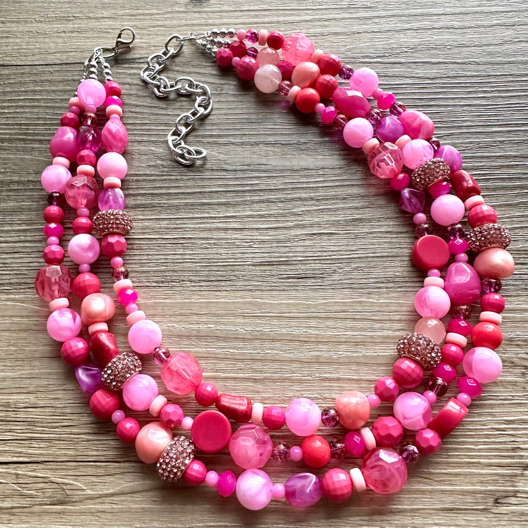 Bright Tropical Hot Pink Necklace, Multi Strand Jewelry, Big Beaded ...