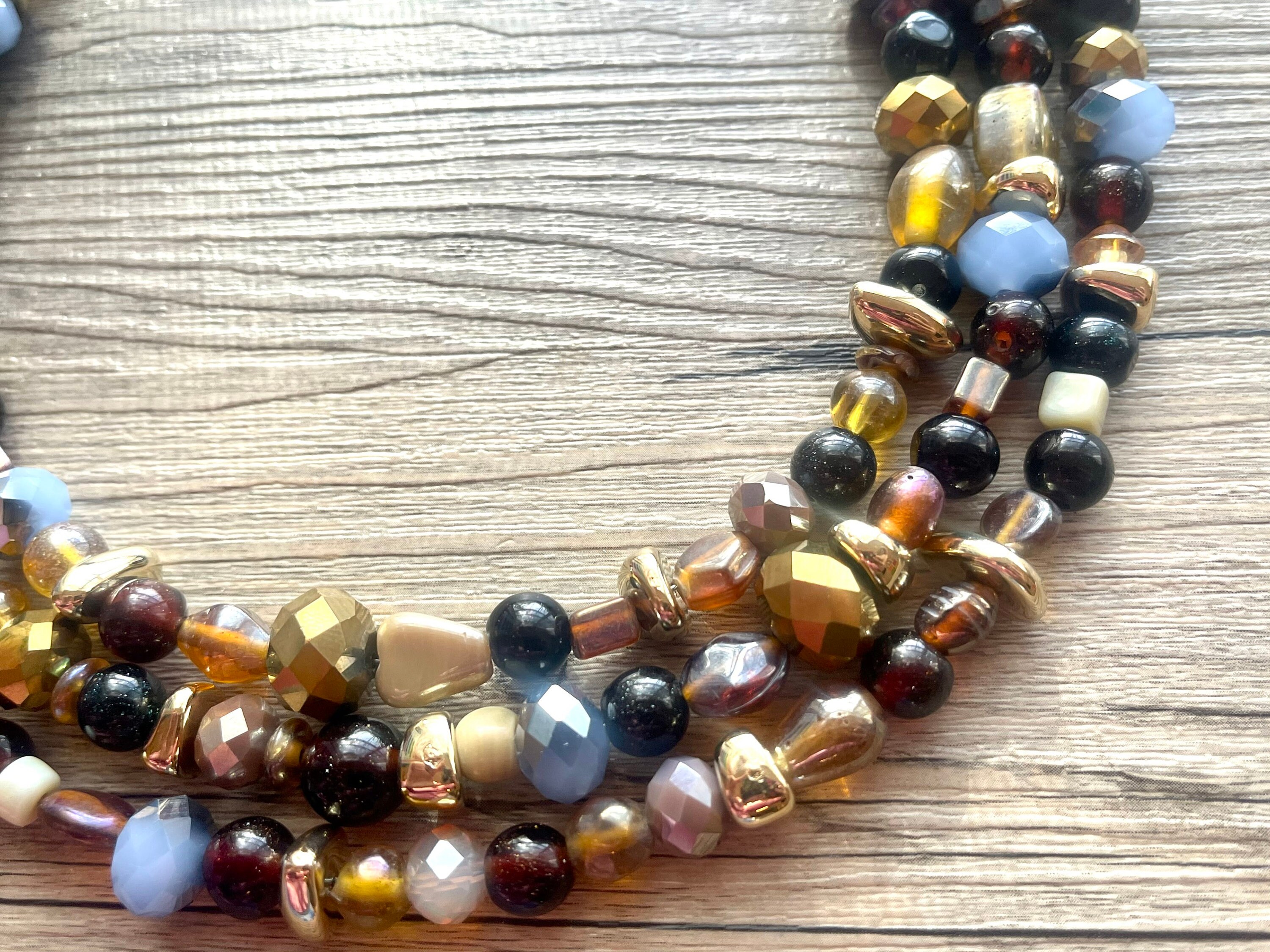Neutral Gold Chunky Statement Necklace, Multi Strand Beaded Jewelry ...