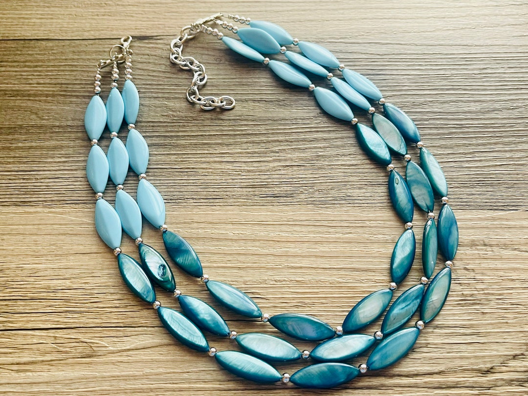 Chunky Multi Strand Blue Shell Statement Necklace, Turquoise Oval ...