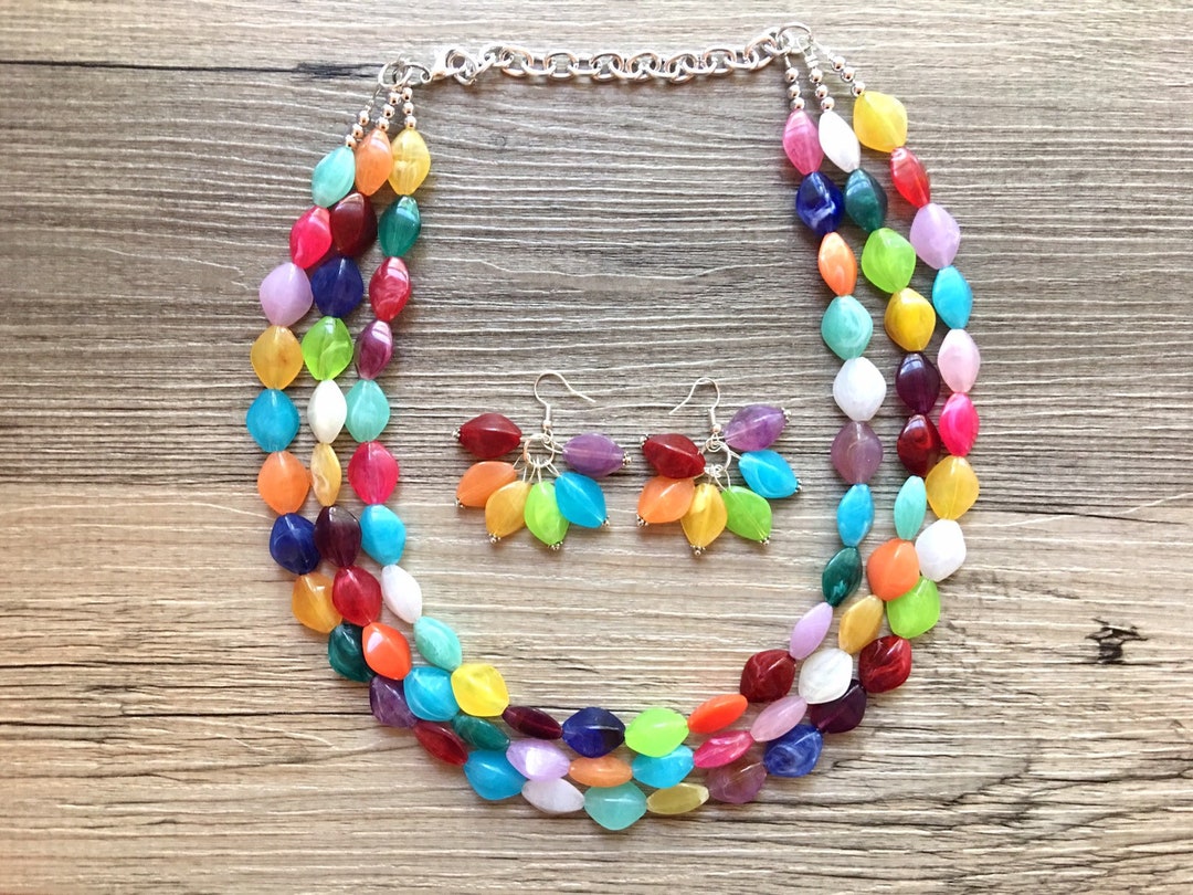 Multi-color RAINBOW Beaded Necklace, Bright Colorful Statement Necklace ...