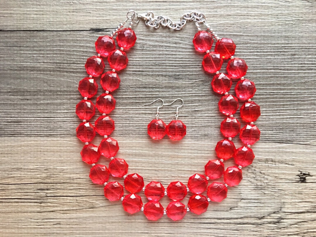 Red Double Strand Statement Necklace & Earring Set Big Beaded - Etsy