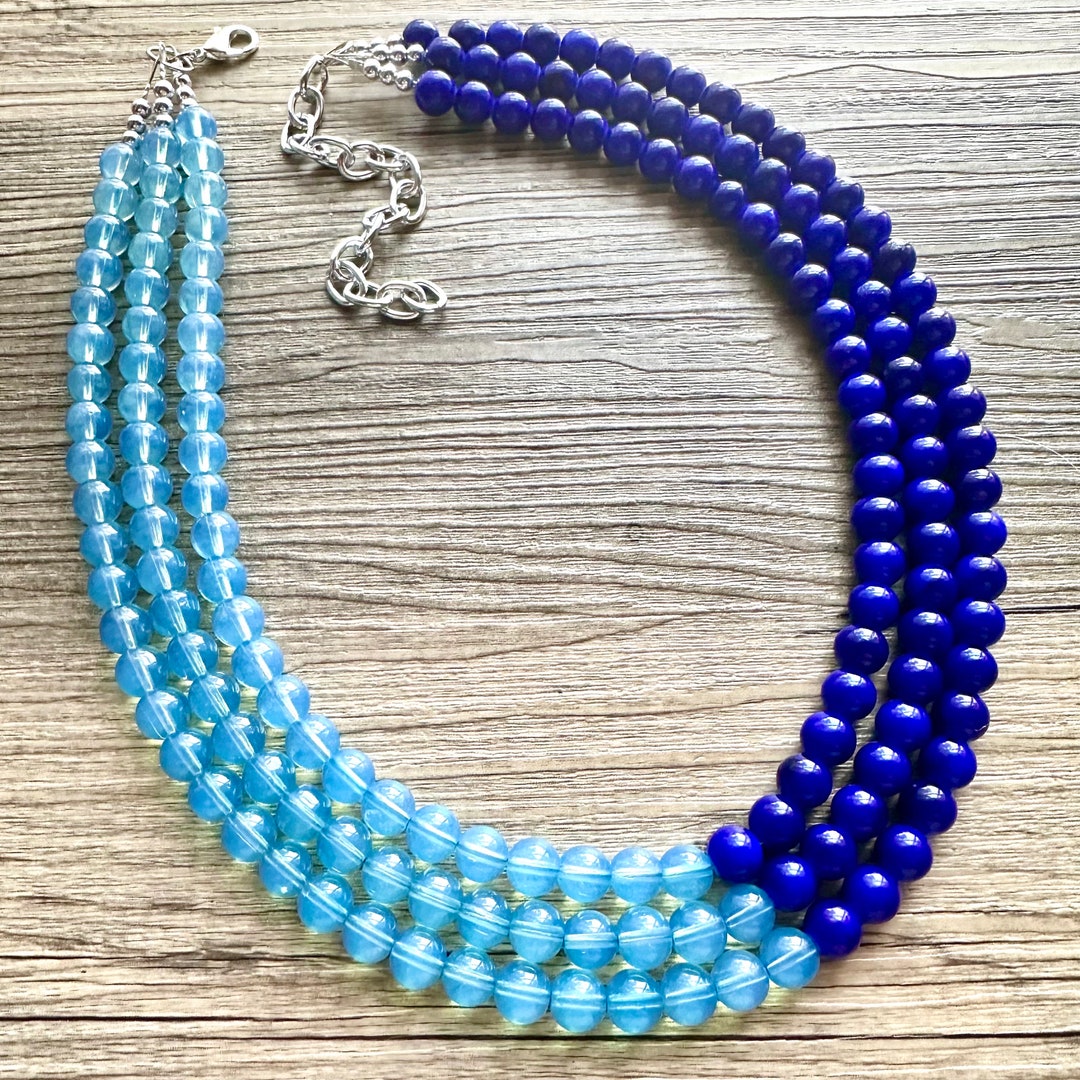Belize in Blue Beaded Necklace, Glass Triple Strand Jewelry, Big Beaded ...