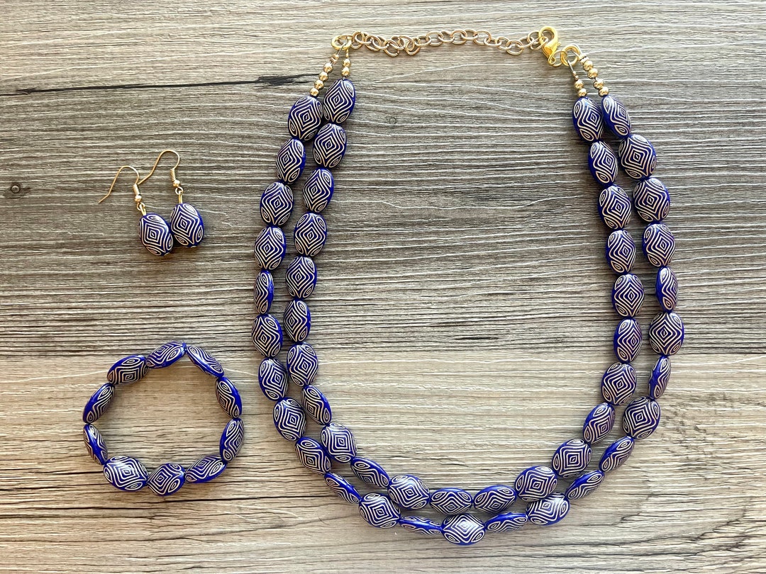 Navy Blue Chunky Statement Necklace, Double Strand Necklace, Blue ...