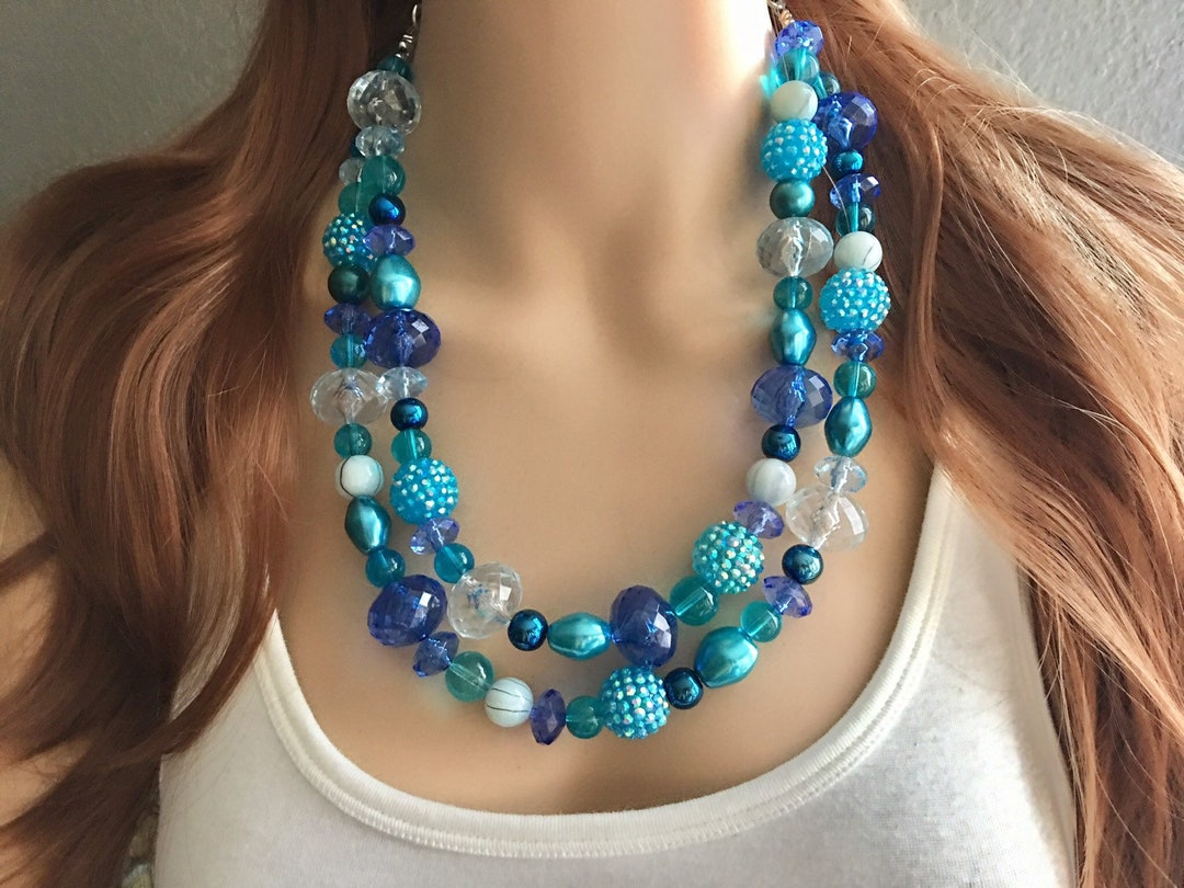 Blue Watercolor Beaded Necklace, Teal & Royal Blue Necklace, Blue ...