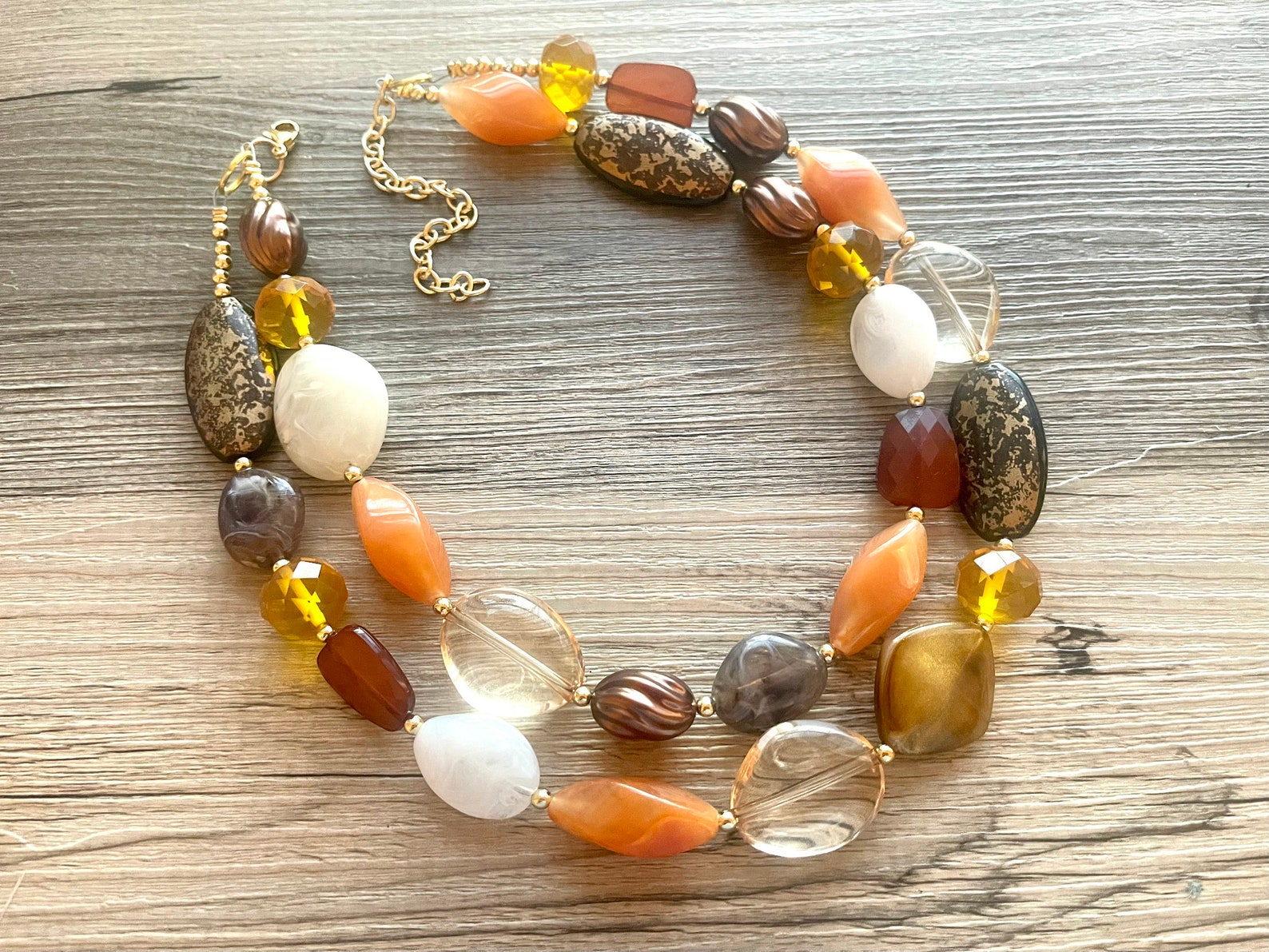 Autumn Art Statement Necklace, Gold & Orange Necklace, 2 Strand ...