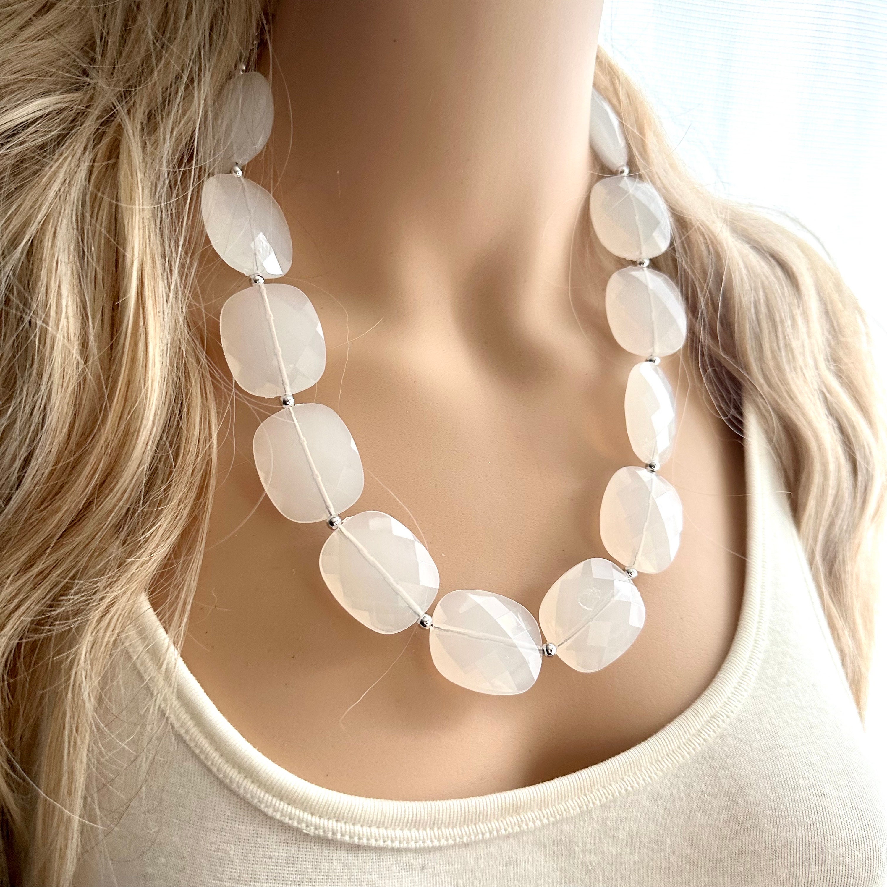 White Statement Necklace Jewelry Set, Chunky Jewelry Big Beaded Single ...