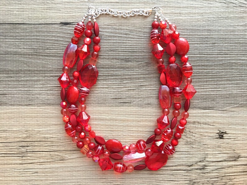 Red Necklace, Multi Strand Jewelry, Big Beaded Chunky Statement ...