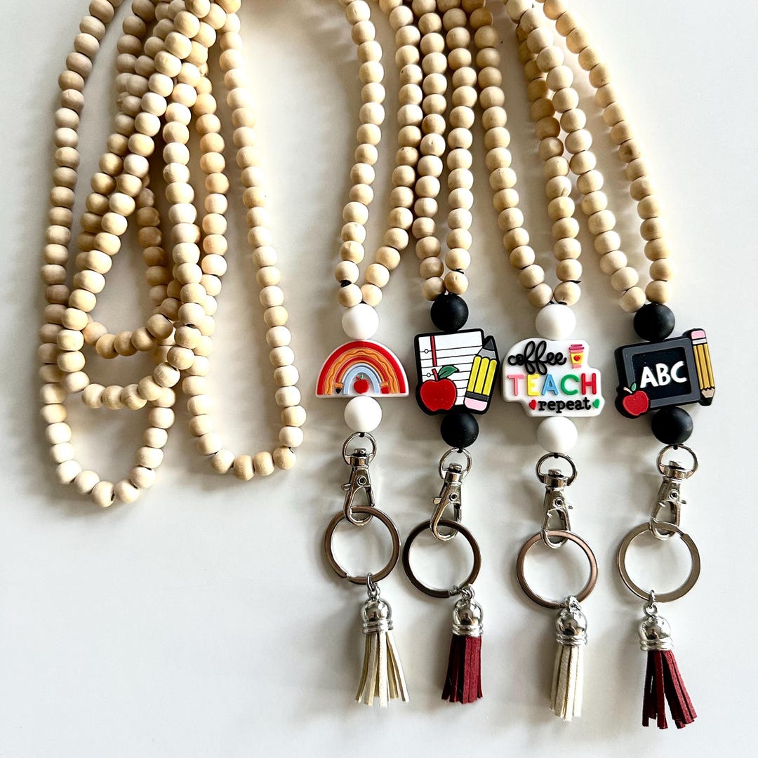 Teacher Long Bad Reel Necklace Chain, Colorful Wood Lanyard Keychain ...